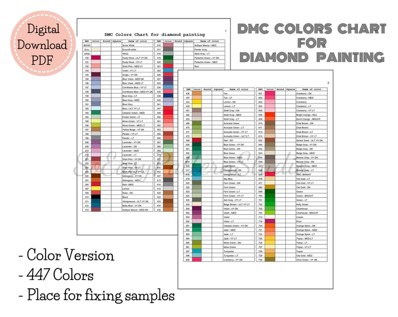 Diamond Painting Dmc Color Chart DMC Colors Char for Diamond Painting ...