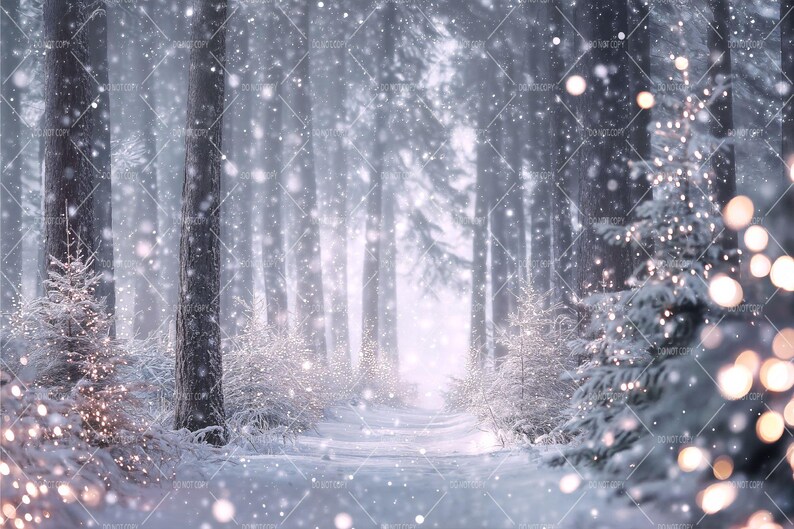 Winter Forest With Lights Digital Backdrop, Christmas Snow Photo ...