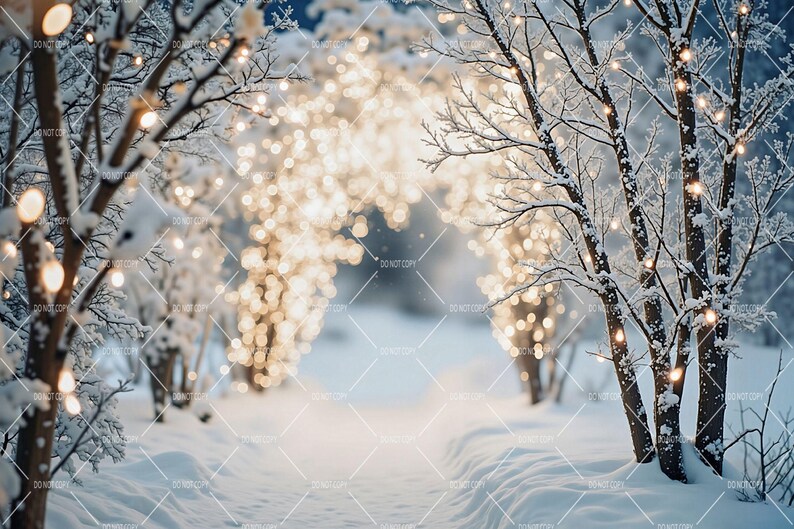 Winter Fairy Light Path Backdrop, Snowy Christmas Tree Tunnel ...