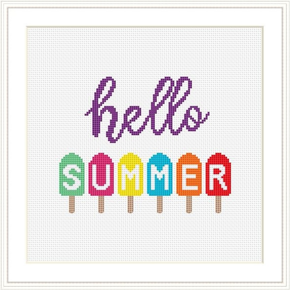 Hello Summer Cross Stitch Pattern Begginers Funny Counted Cross Stitchin Chart Summer Ice Cream ...