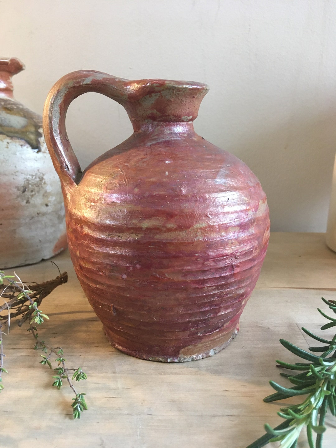 Small Antique French Crock Pot Wine Olive Oil Pitcher Jug Red Rust ...