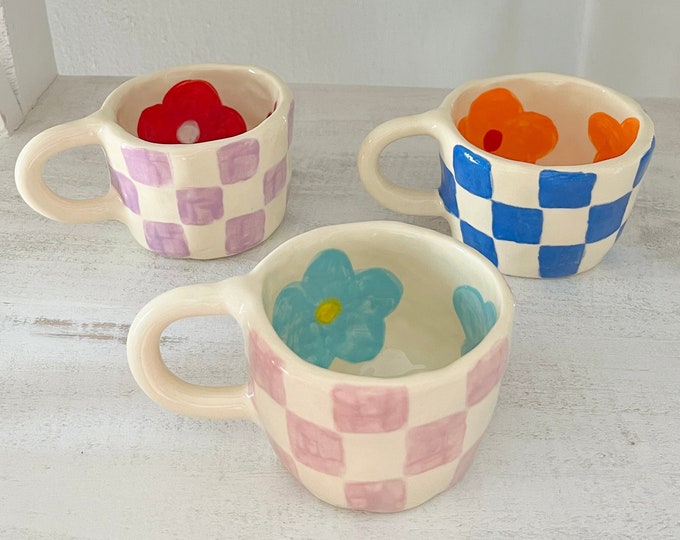 Checkered and Flower Mug-handmade Ceramic Mug -clay Mug Handmade ...