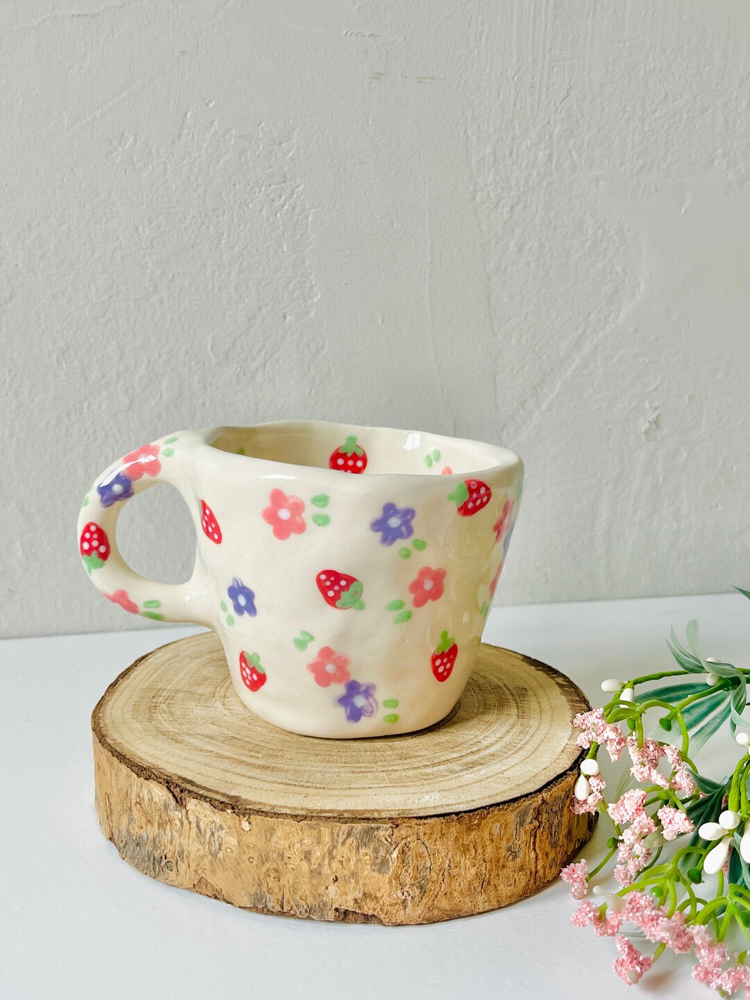 Preorder:dainty Strawberry Flowers Handmade Ceramic Mug-clay Mug ...