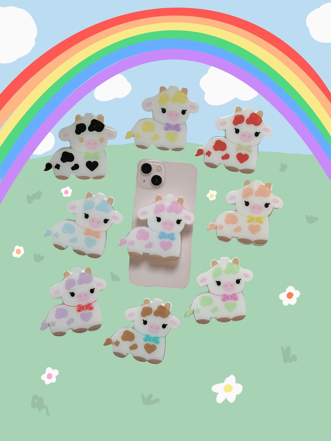 XL Rainbow Cows Cute Phone Griptok-cute Phone Holder,kawaii Phone ...