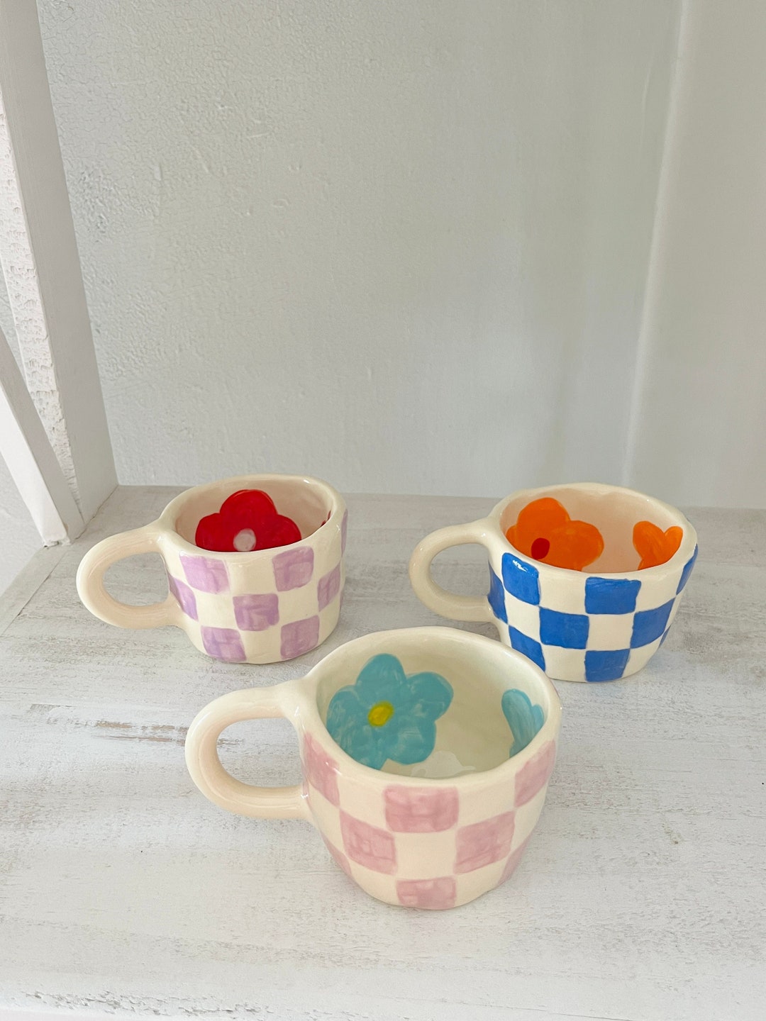 Checkered and Flower Mug-handmade Ceramic Mug -clay Mug Handmade ...