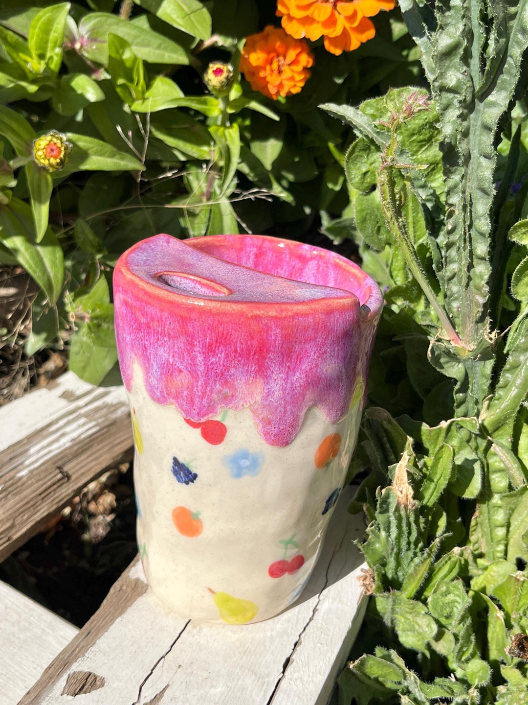 PREORDER: Pink Drip Fruits Handmade Ceramic Travel Mug,ceramic to Go ...