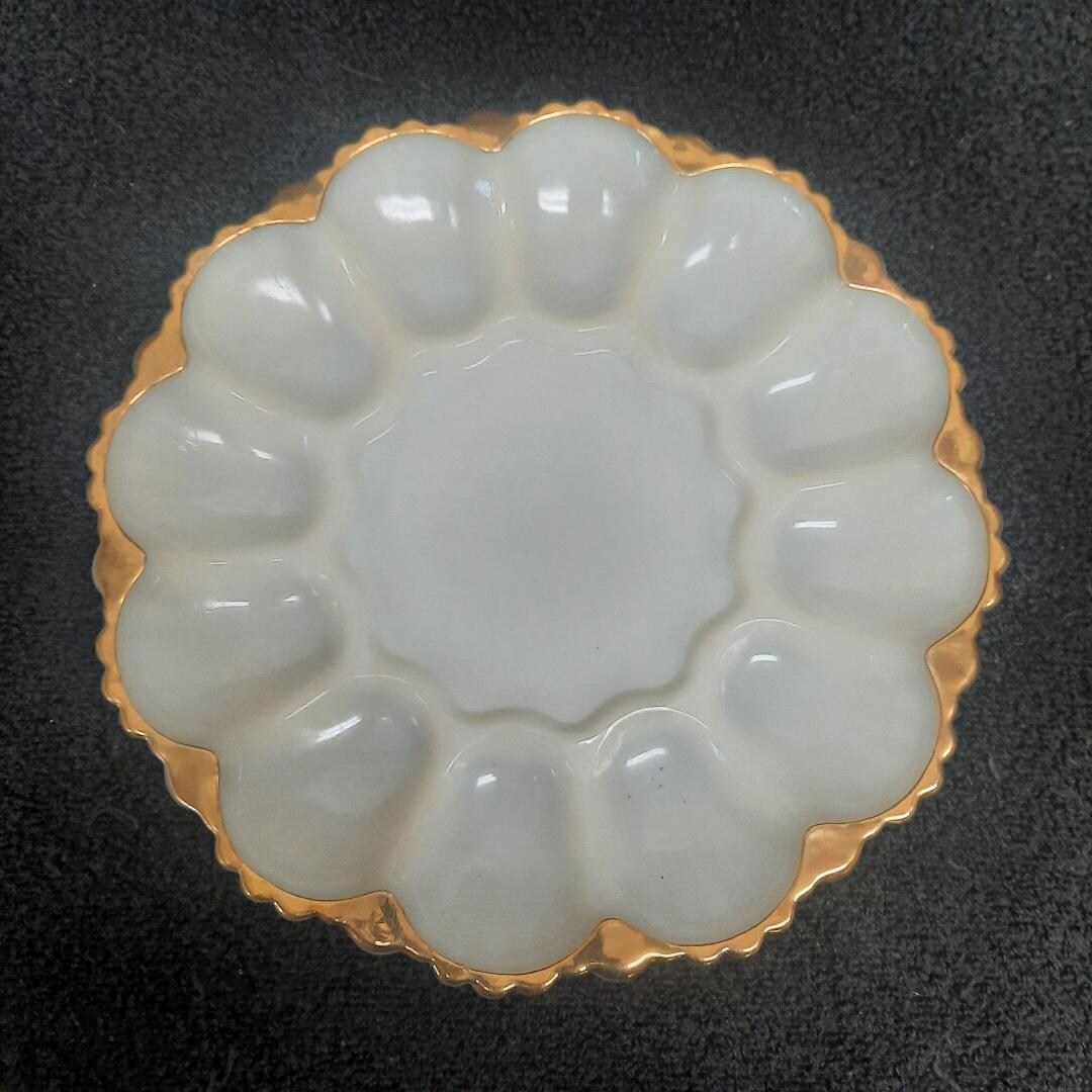 Anchor Hocking Milk Glass Deviled Egg Server Thick Gold Trim Made in ...
