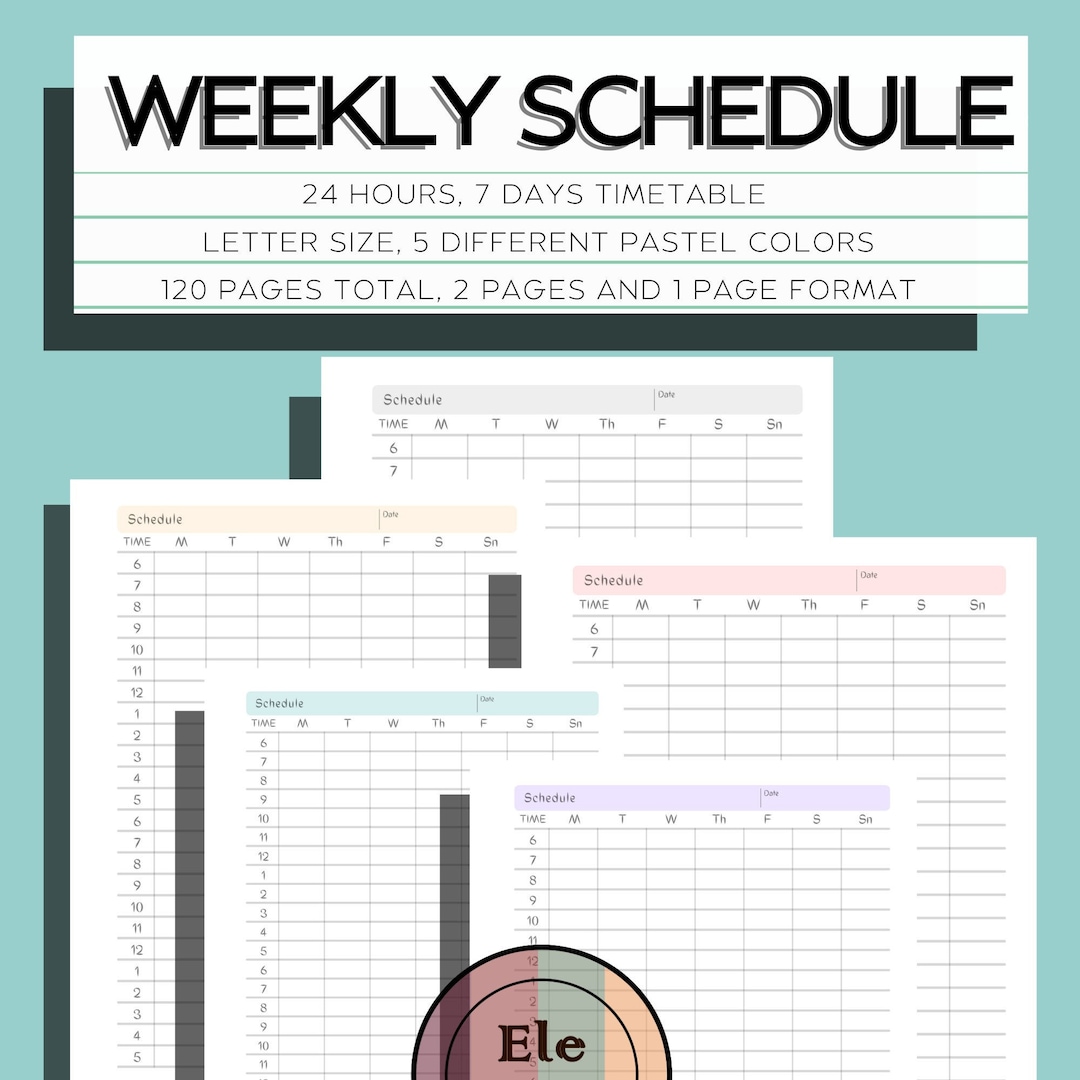 Weekly Schedule 24 Hour Printable Digital Download Class Work & Study ...