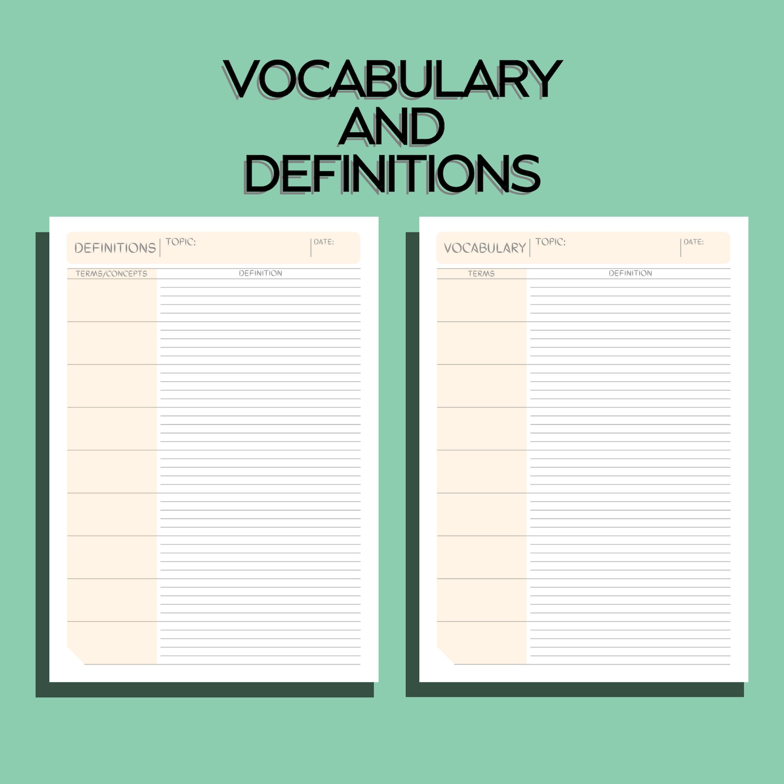 Study Terms Pages Vocabulary and Definitions Glossary Template Guide A4 ...
