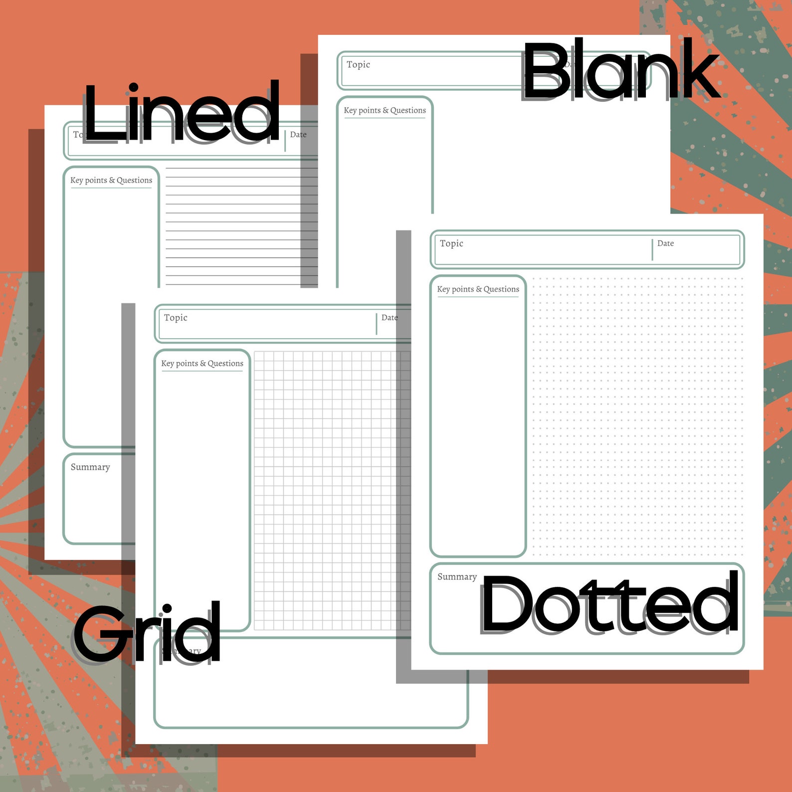 Cornell Notes Method Paper Pages in 5 Retro Themed Colors Line - Etsy