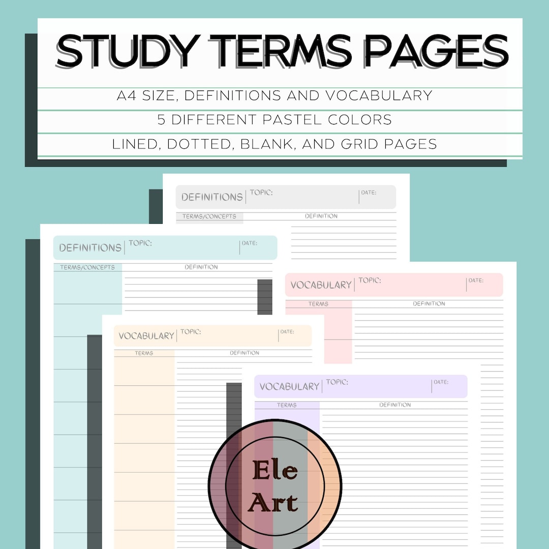 Study Terms Pages Vocabulary and Definitions Glossary Template Guide A4 ...