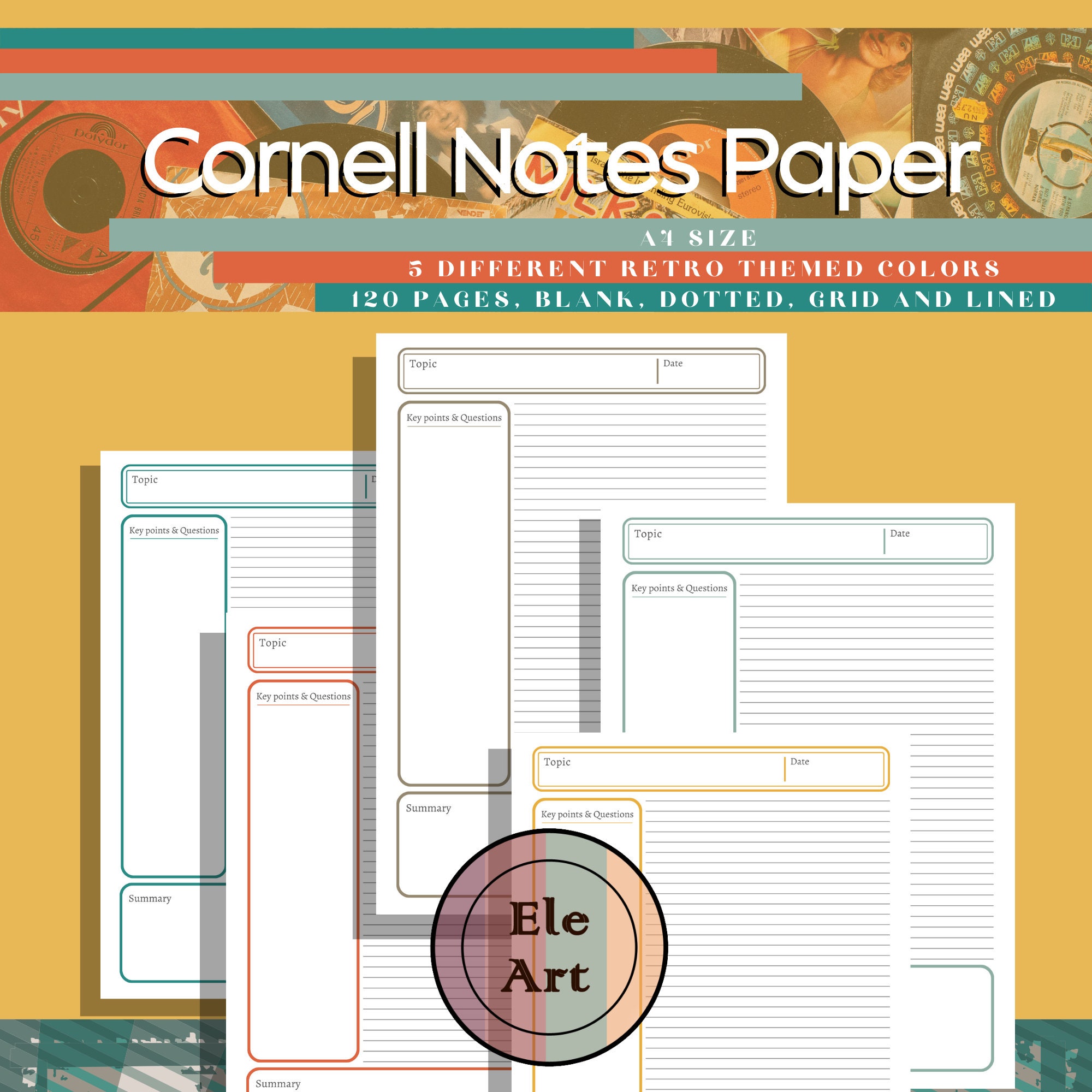 Cornell Notes Method Paper, 5 Retro Themed Colors Cornel Notes, Cornell ...