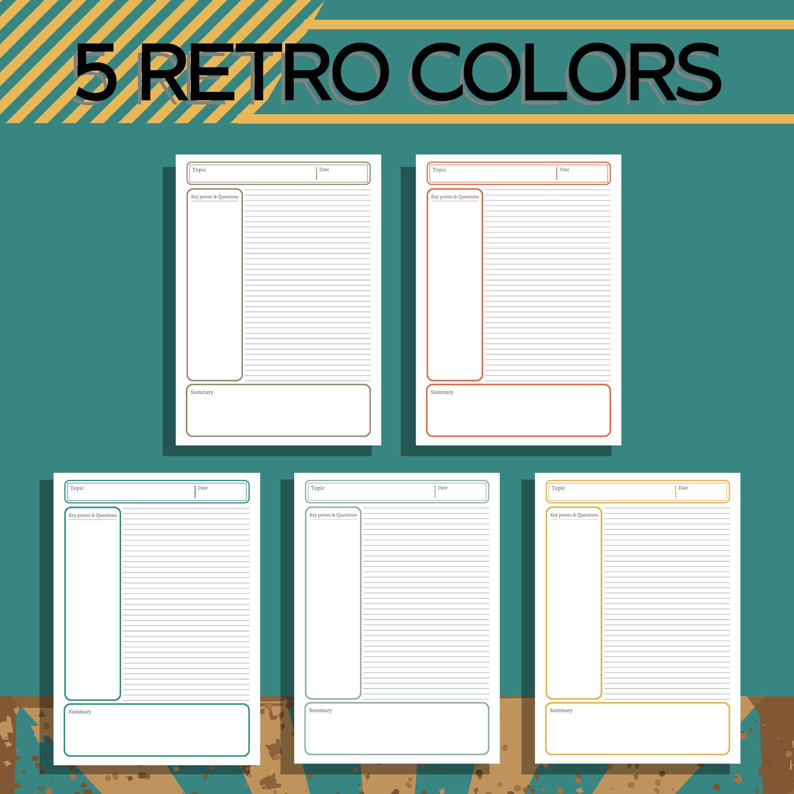 Cornell Notes Method Paper, 5 Retro Themed Colors Cornel Notes, Cornell ...