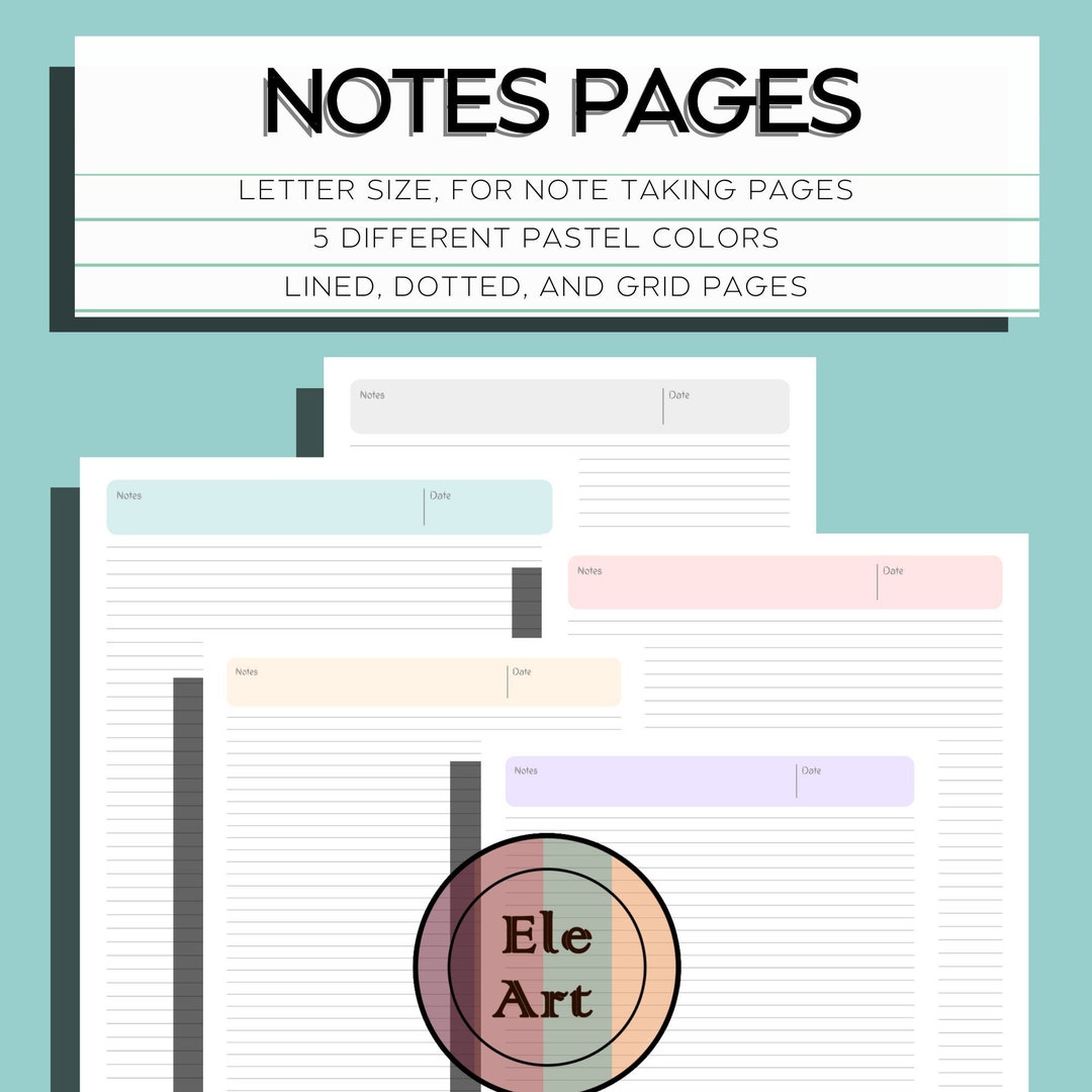 Notes Paper Pages in 5 Pastel Colors Line Grid Dot Template Letter Size ...