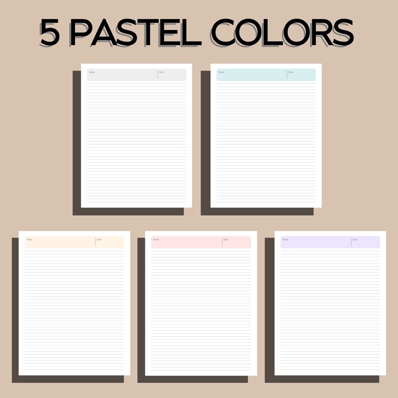 Notes Paper Pages in 5 Pastel Colors Line Grid Dot Template Letter Size ...