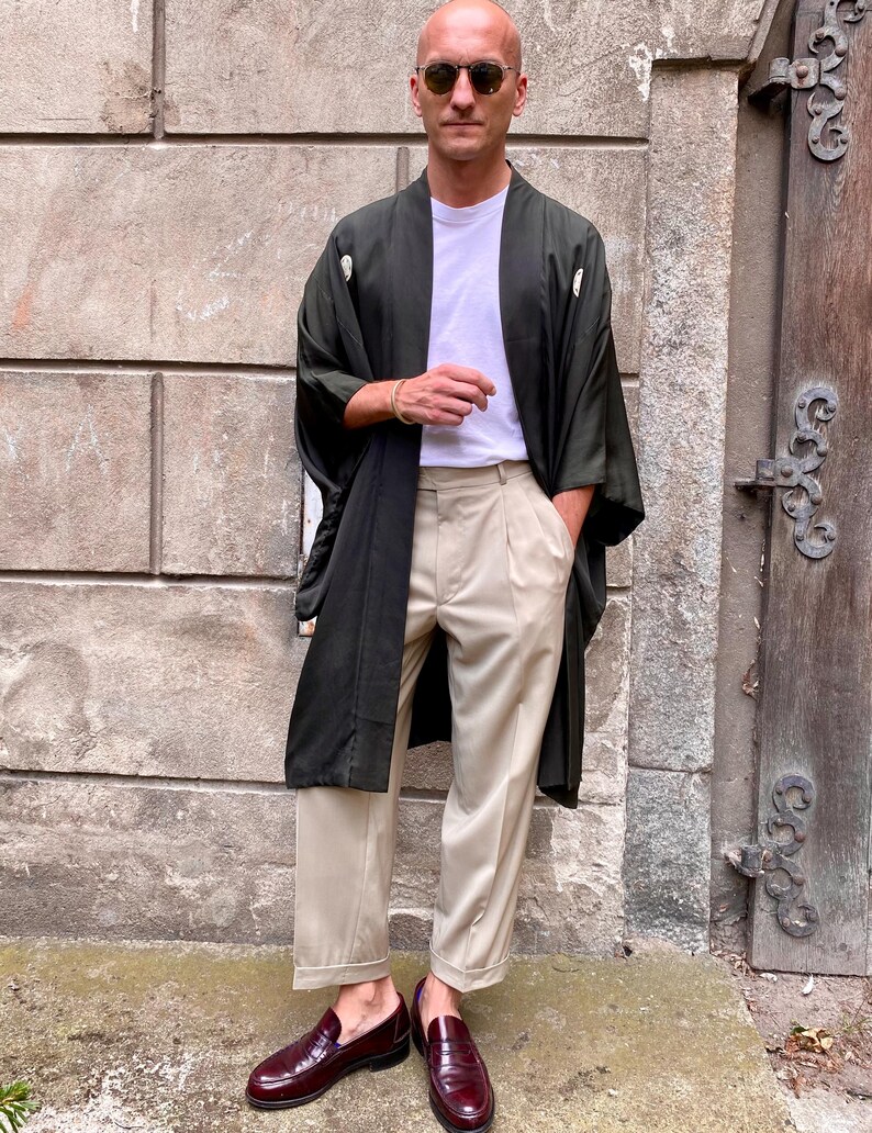 Mens Vintage Japanese Silk Kimono Nagagi Juban Haori Hand Painted Art ...