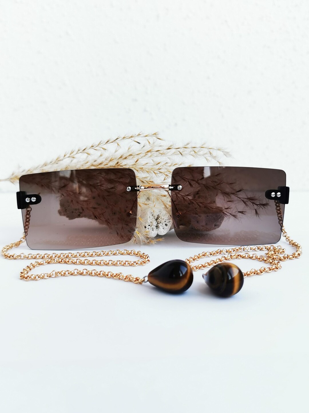 Rimless Glasses With Gold Chain & Crystals | Boho Sunglasses | Unique ...