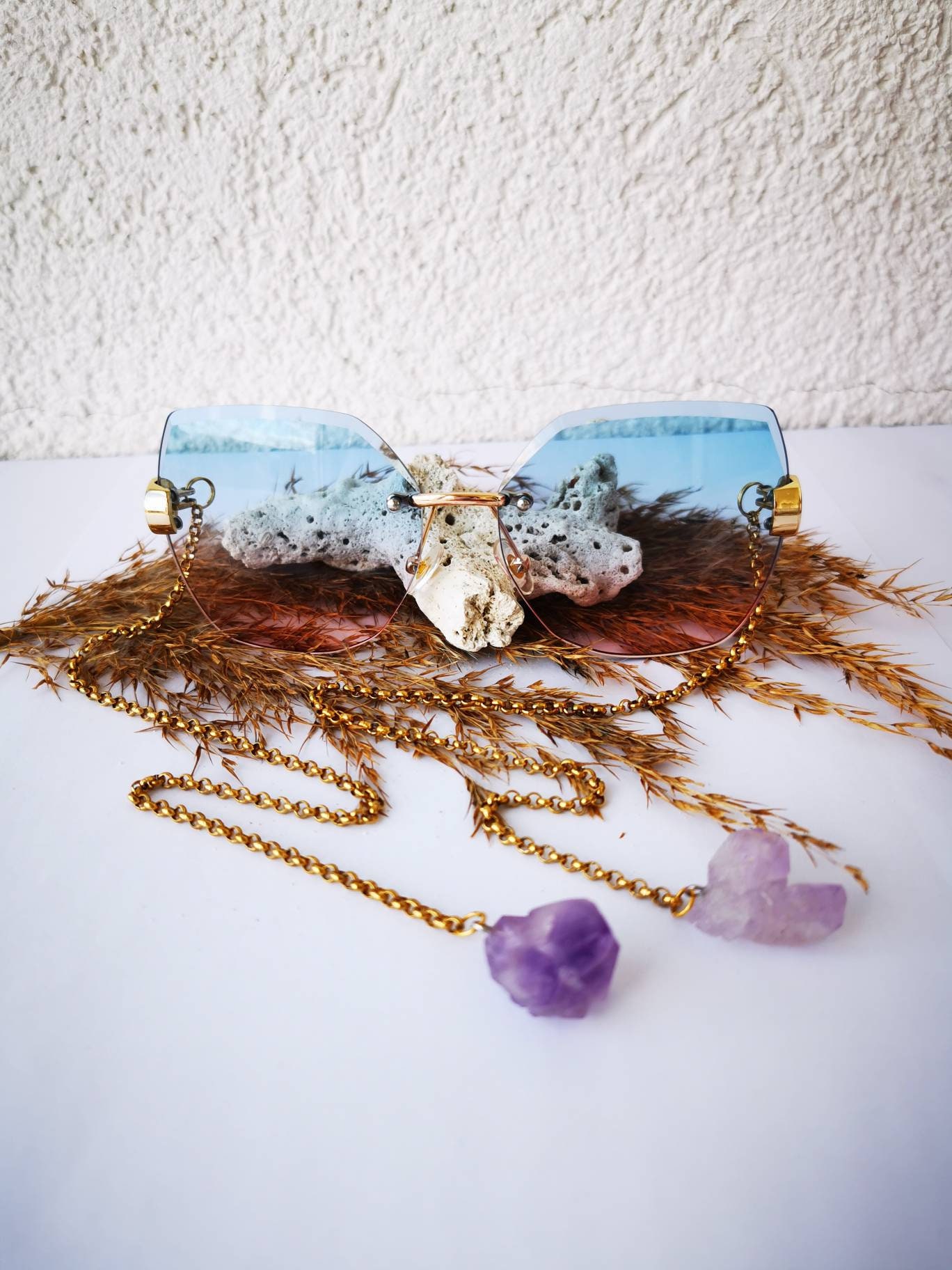Armless Chain Temple Sunglasses Unique Natural Light Purple Crystal ...