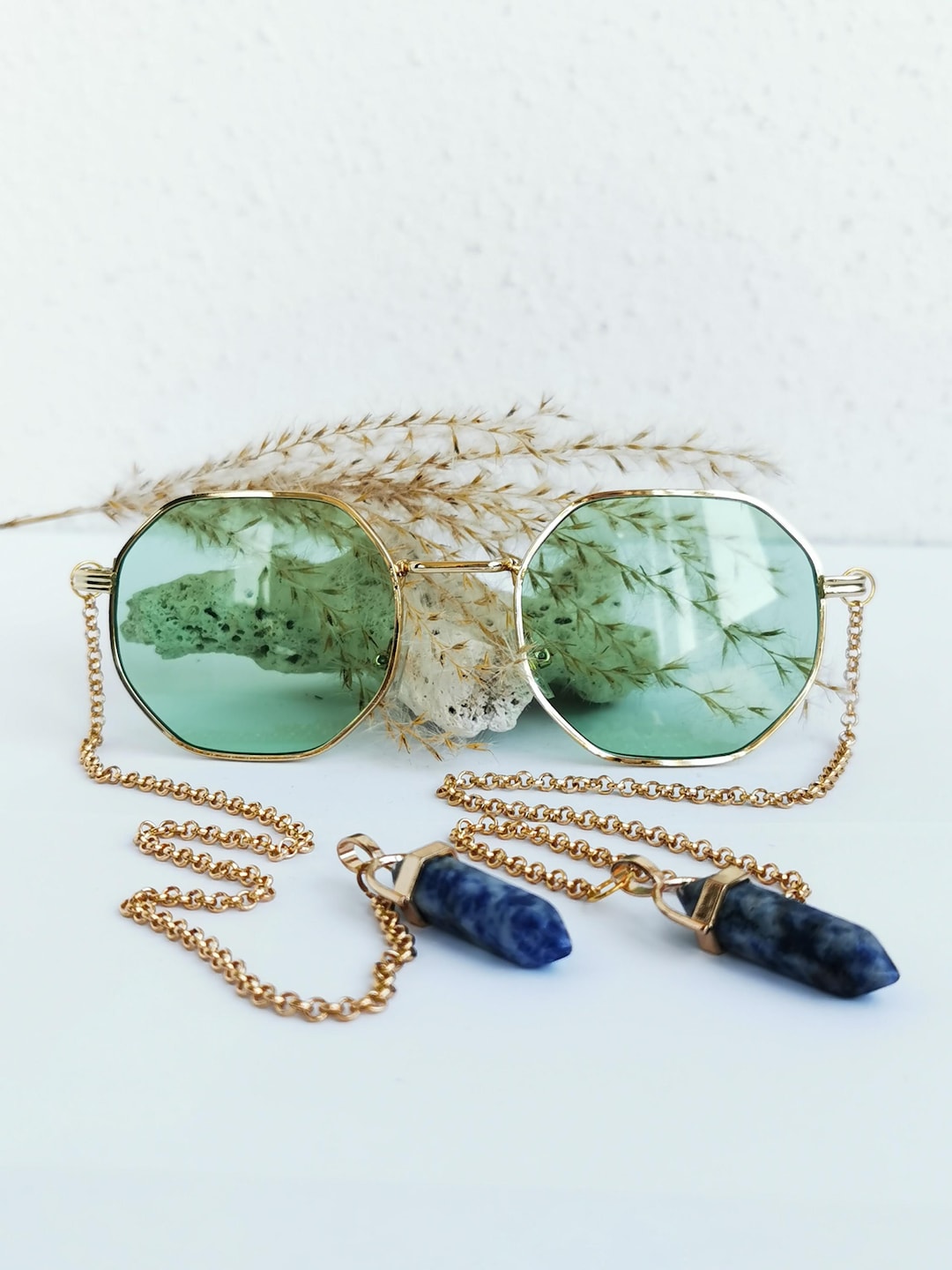 Rimless Glasses With Gold Chain & Crystals | Boho Sunglasses | Unique ...
