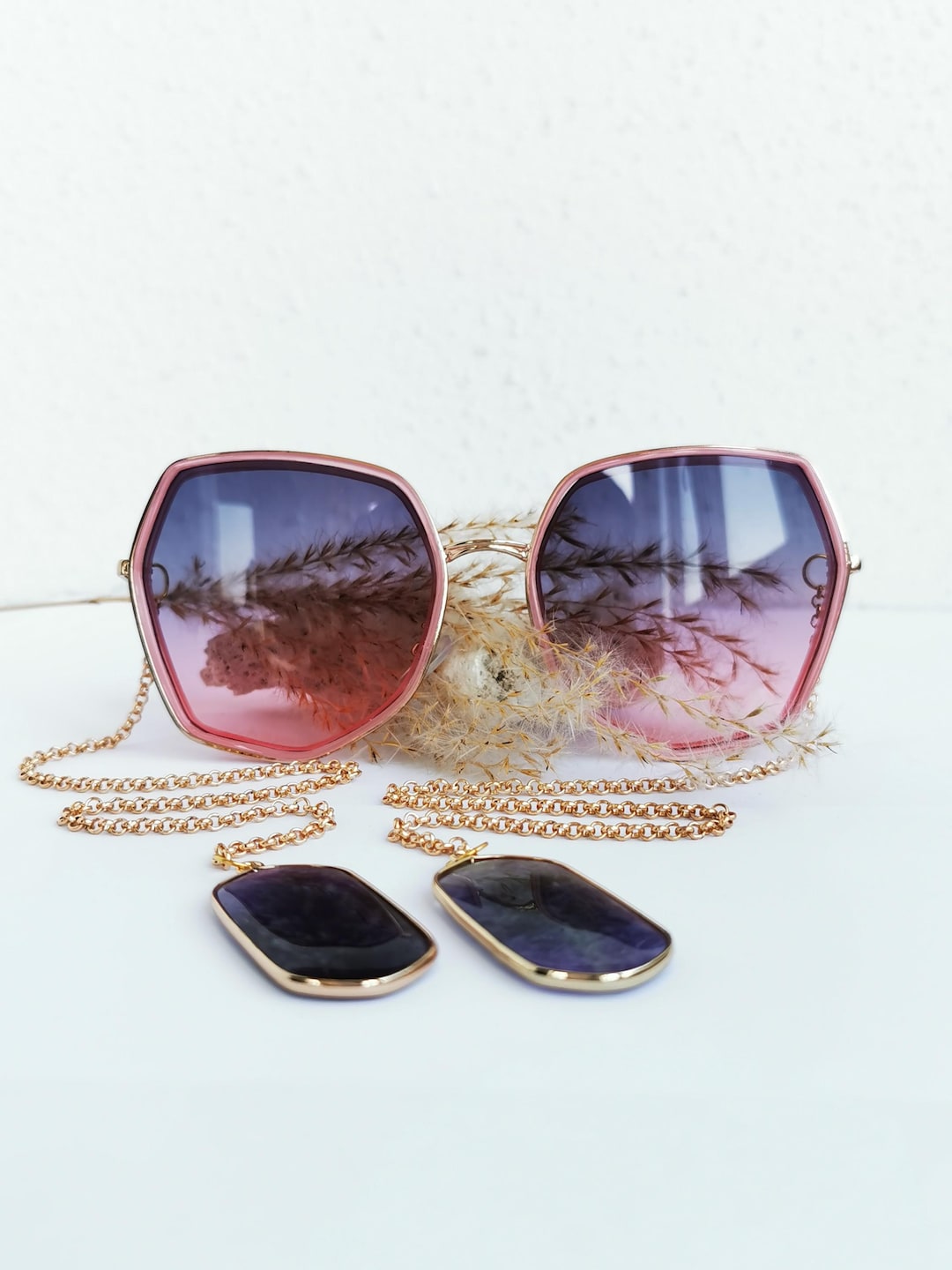 Templeless Glasses With Gold Chain and Natural Stone Pendants | Boho ...