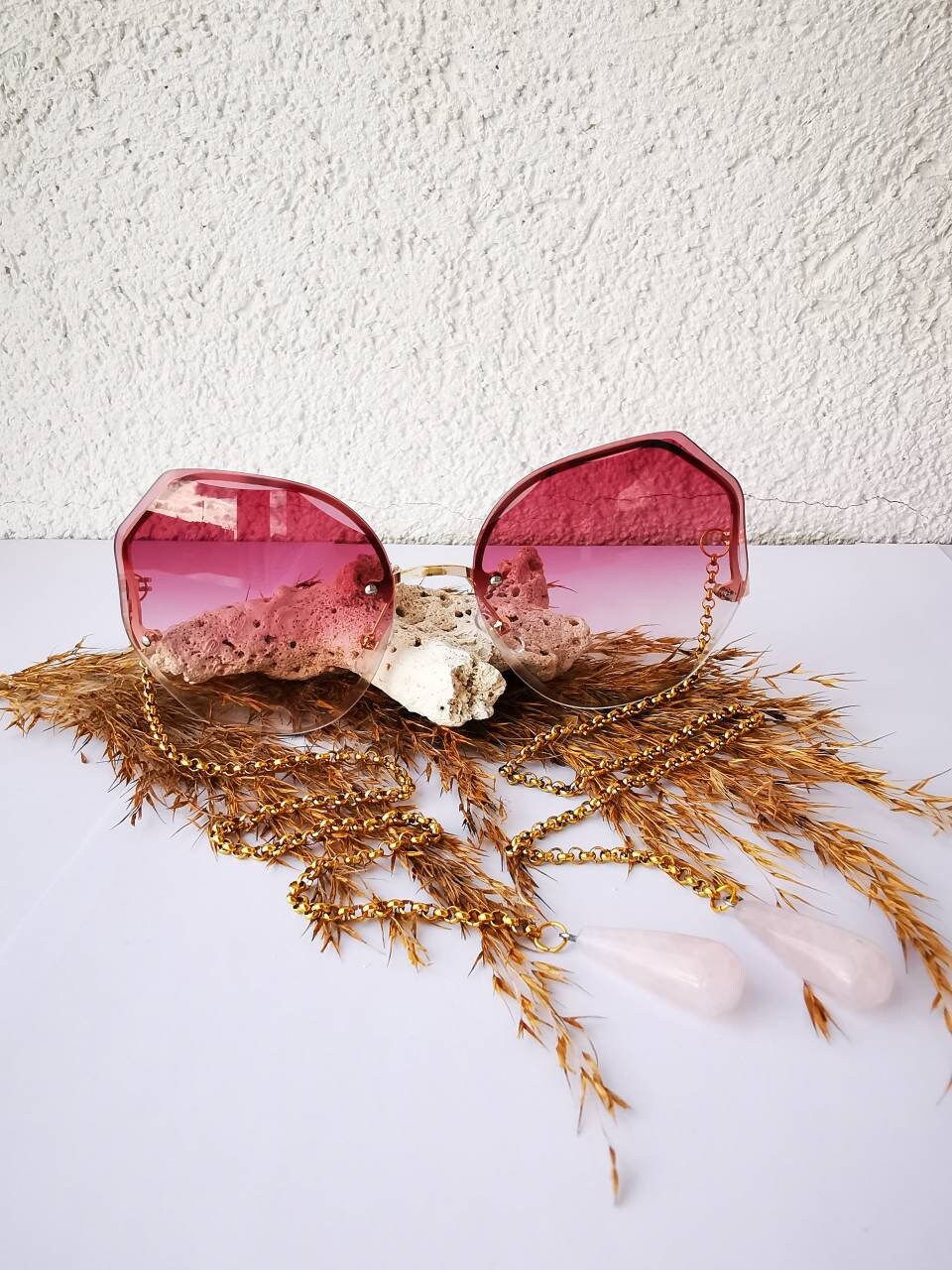 Armless Chain Temple Sunglasses Unique Natural Light Pink Crystal Stone ...