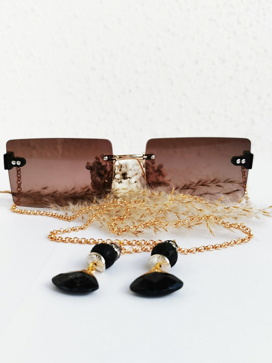 2024 Summer Top Armless Sunglasses Black Turquoises Stone Beads Pendant ...