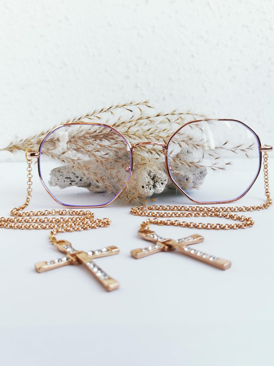 Templeless Glasses With Gold Chain and Natural Stone Pendants | Boho ...