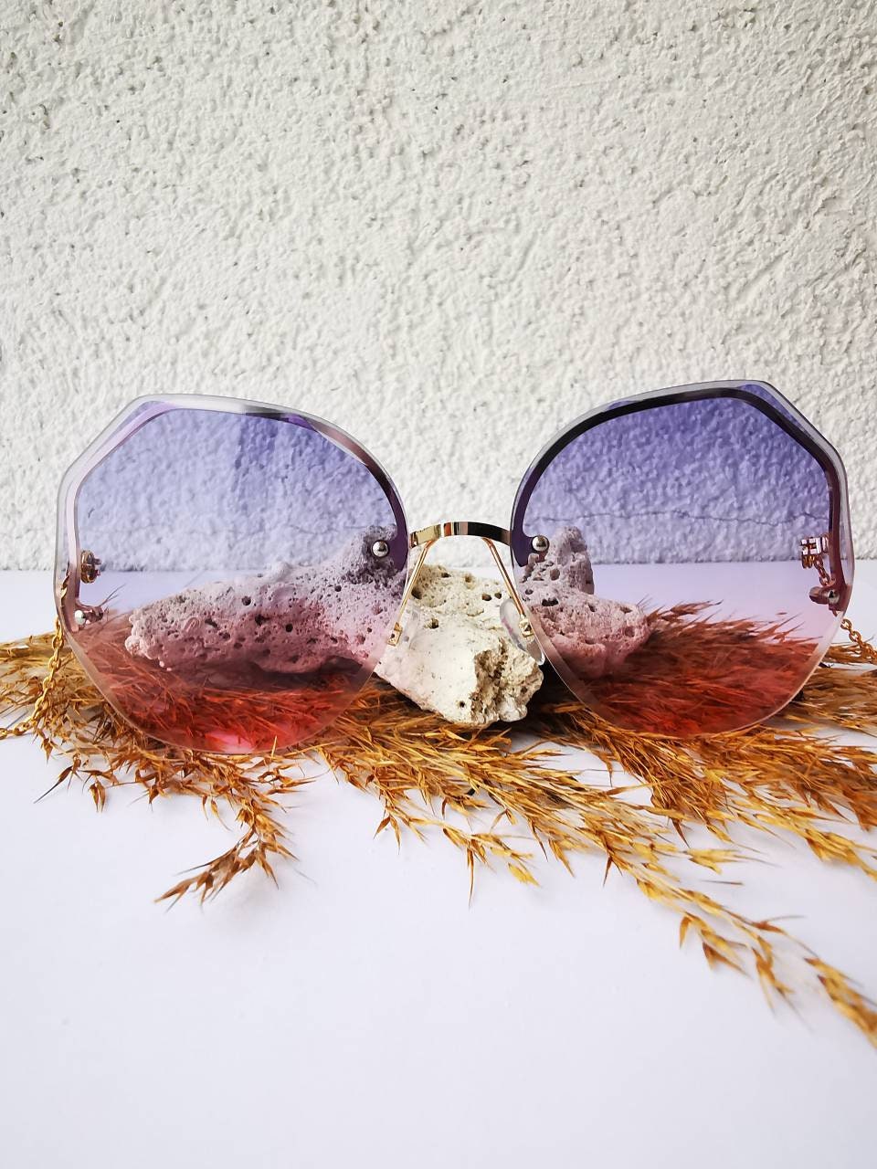 Armless Chain Temple Sunglasses Unique Natural Light Pink Crystal Stone ...
