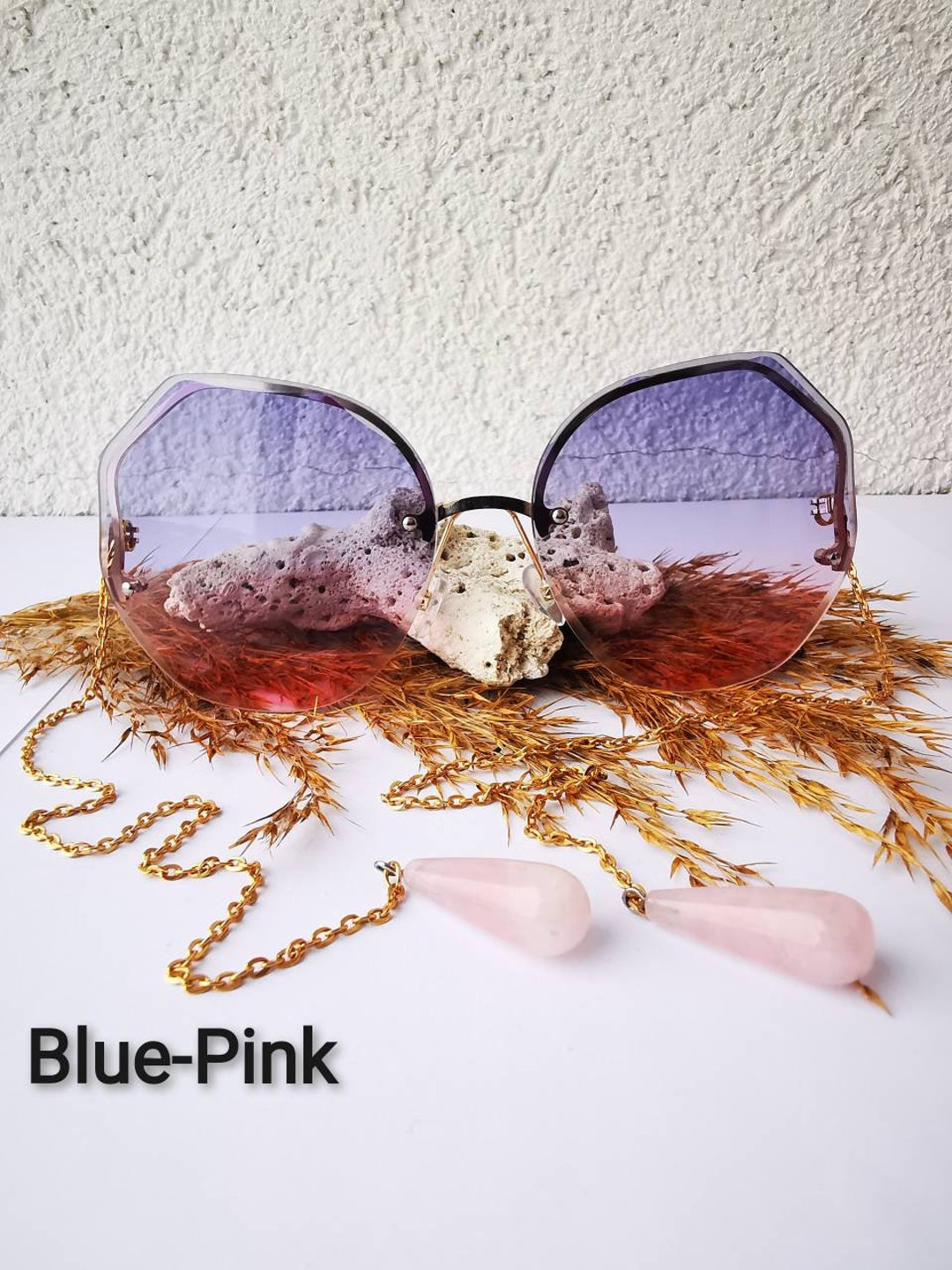 Armless Chain Temple Sunglasses Unique Natural Light Pink Crystal Stone ...