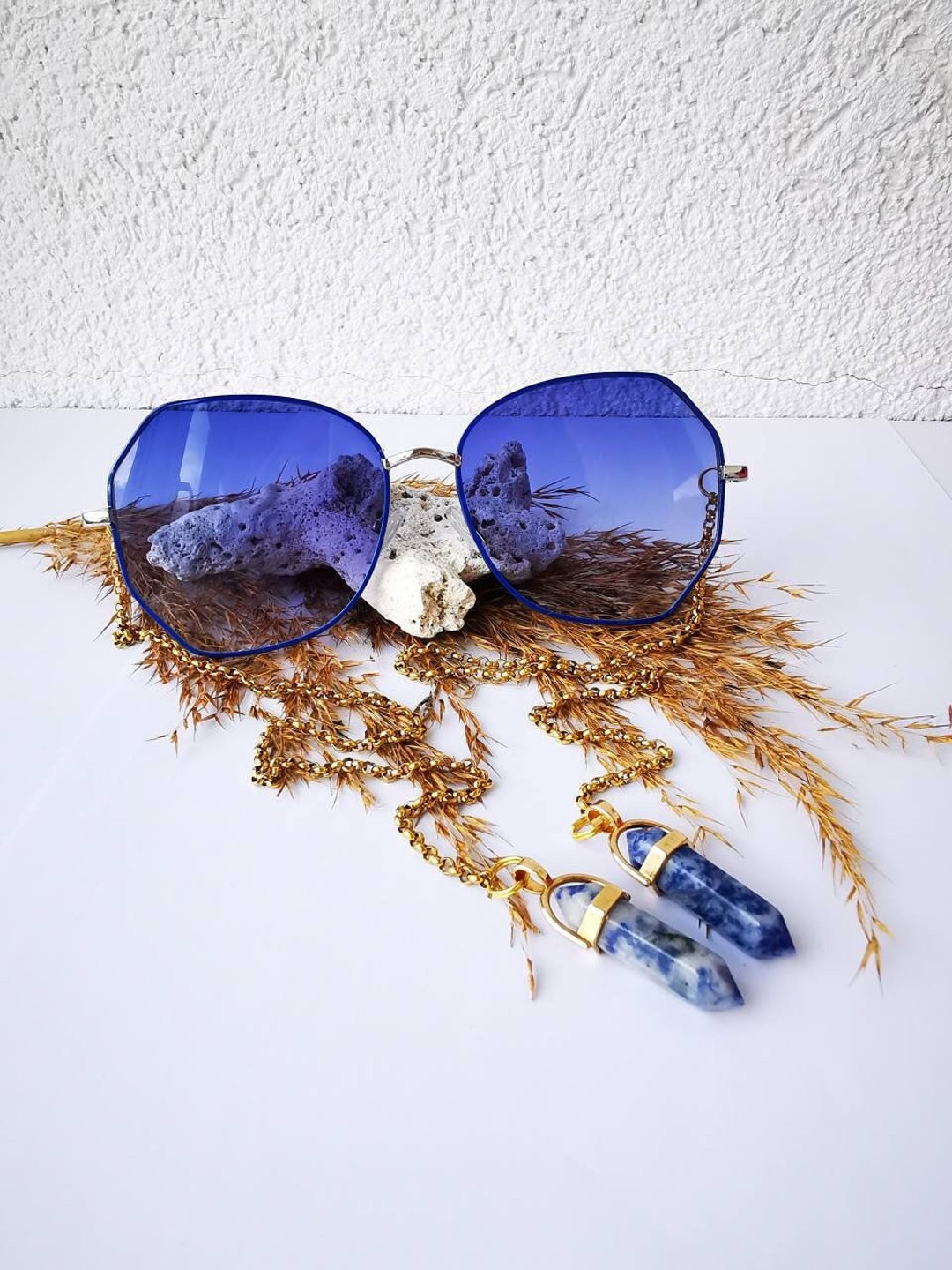 Handmade Blue Ombre Armless Sunglasses With Crystal Stone Chain - Etsy