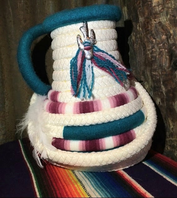 Vintage 80s Native Inspired Coiled Rope Basket Wrapped in | Etsy