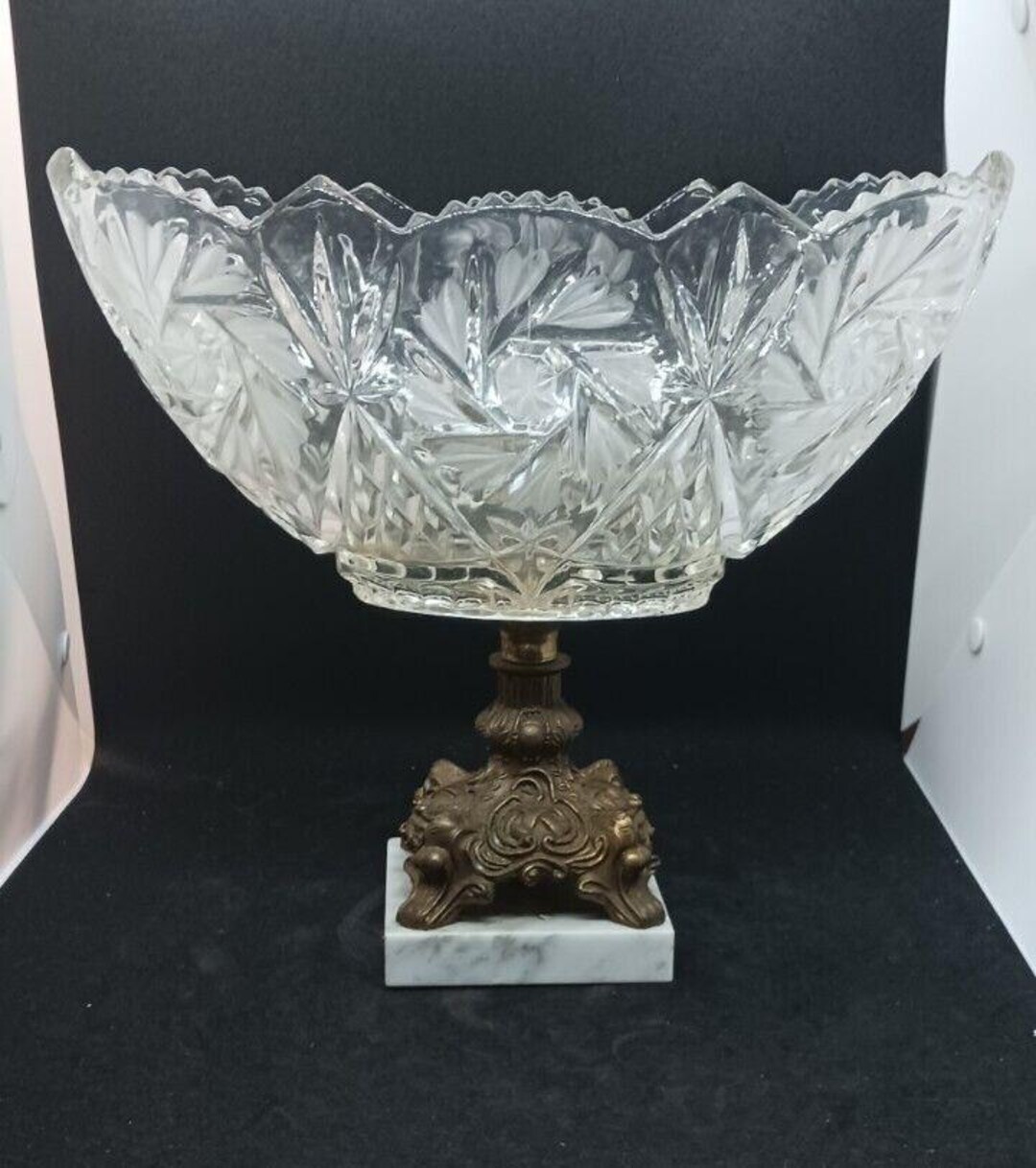 Vintage Crystal Glass Sawtooth Large Oval Bowl on Brass Pedestal ...