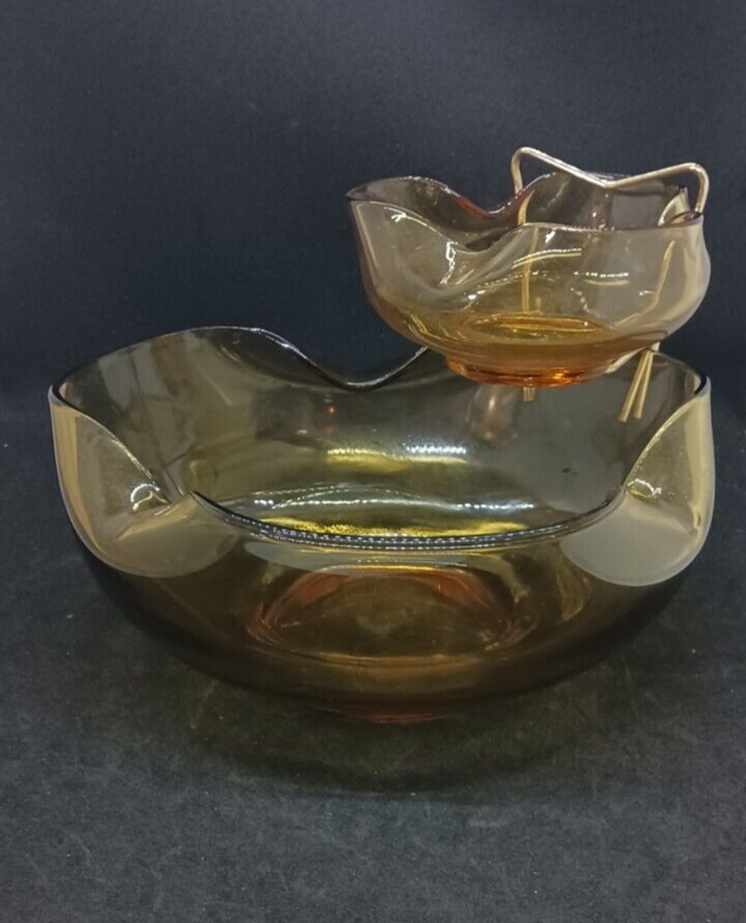 Vintage Anchor Hocking Chip and Dip Set Pinch Bowls Amber Glass MCM ...