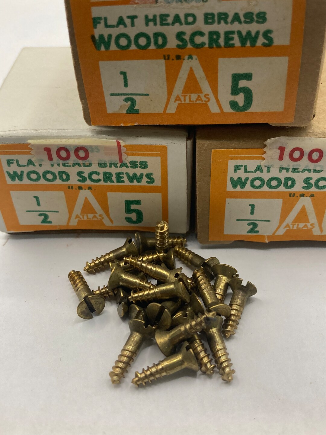 5 X 1/2 Vintage Atlas Brass Screws (24) Slotted Flat Head Wood Screws ...