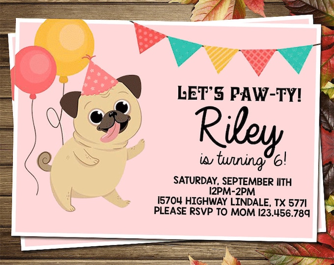 Pug Birthday Invitation, Pug Invitation, Pug Invite, Pug Party ...