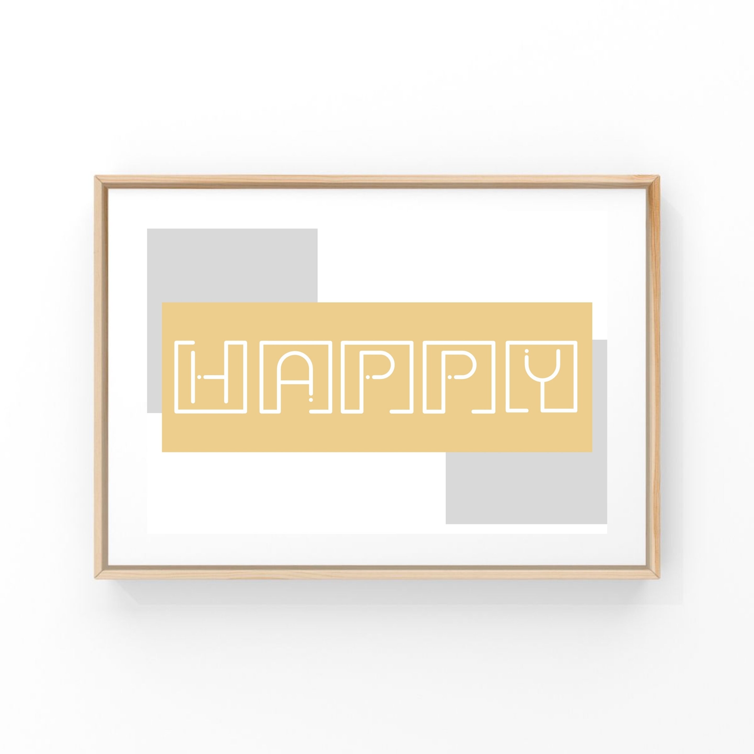 Happy Geometric Wall Art, Yellow Wall Art, Living Room Decor, Happy ...