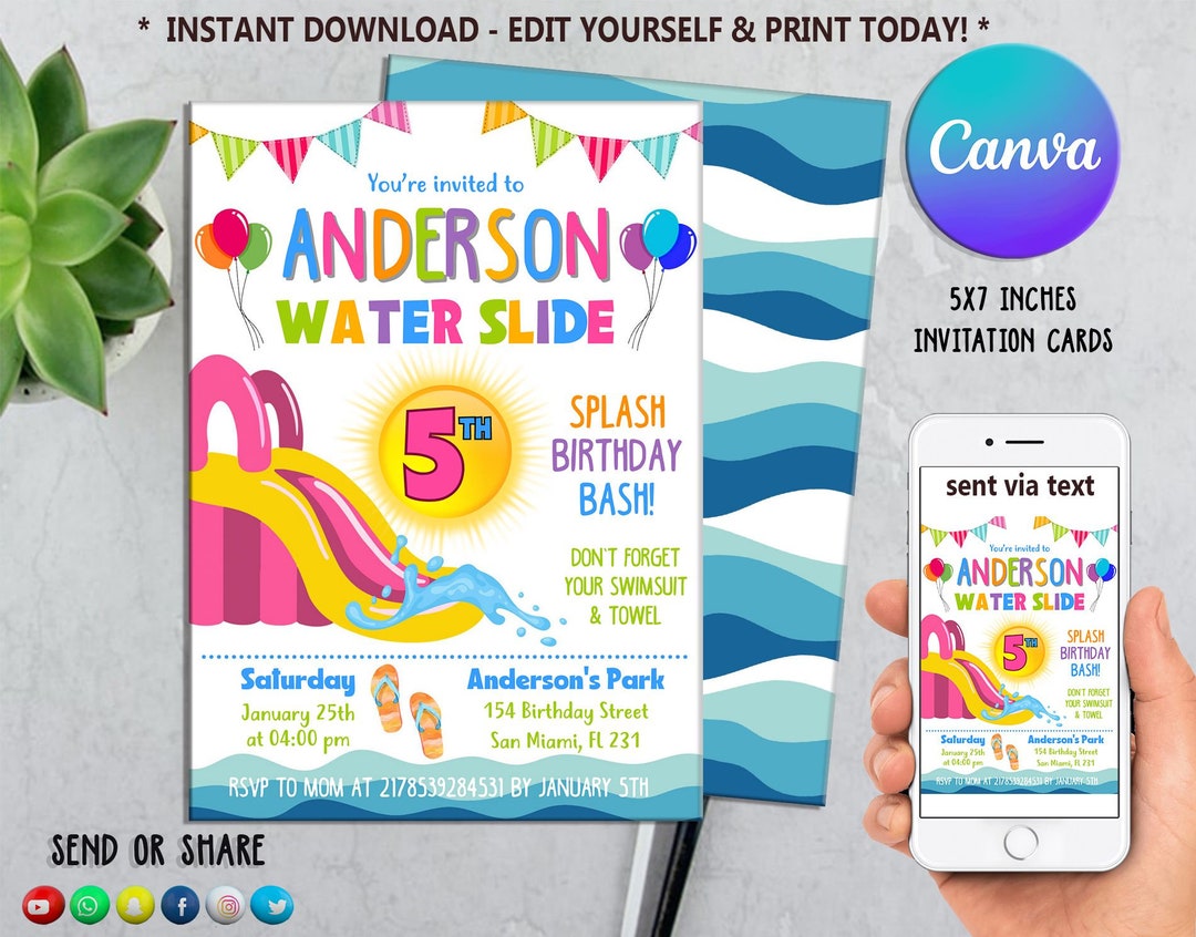 Editable Splash Water Slide Invitation, Water Slide Birthday Invitation ...