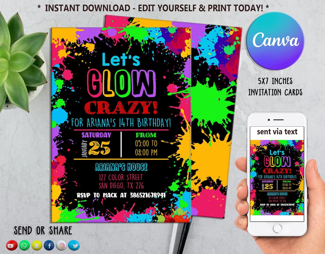 Glow Birthday Invitation, Neon Glow Party Invite, Let's Glow Invitation ...