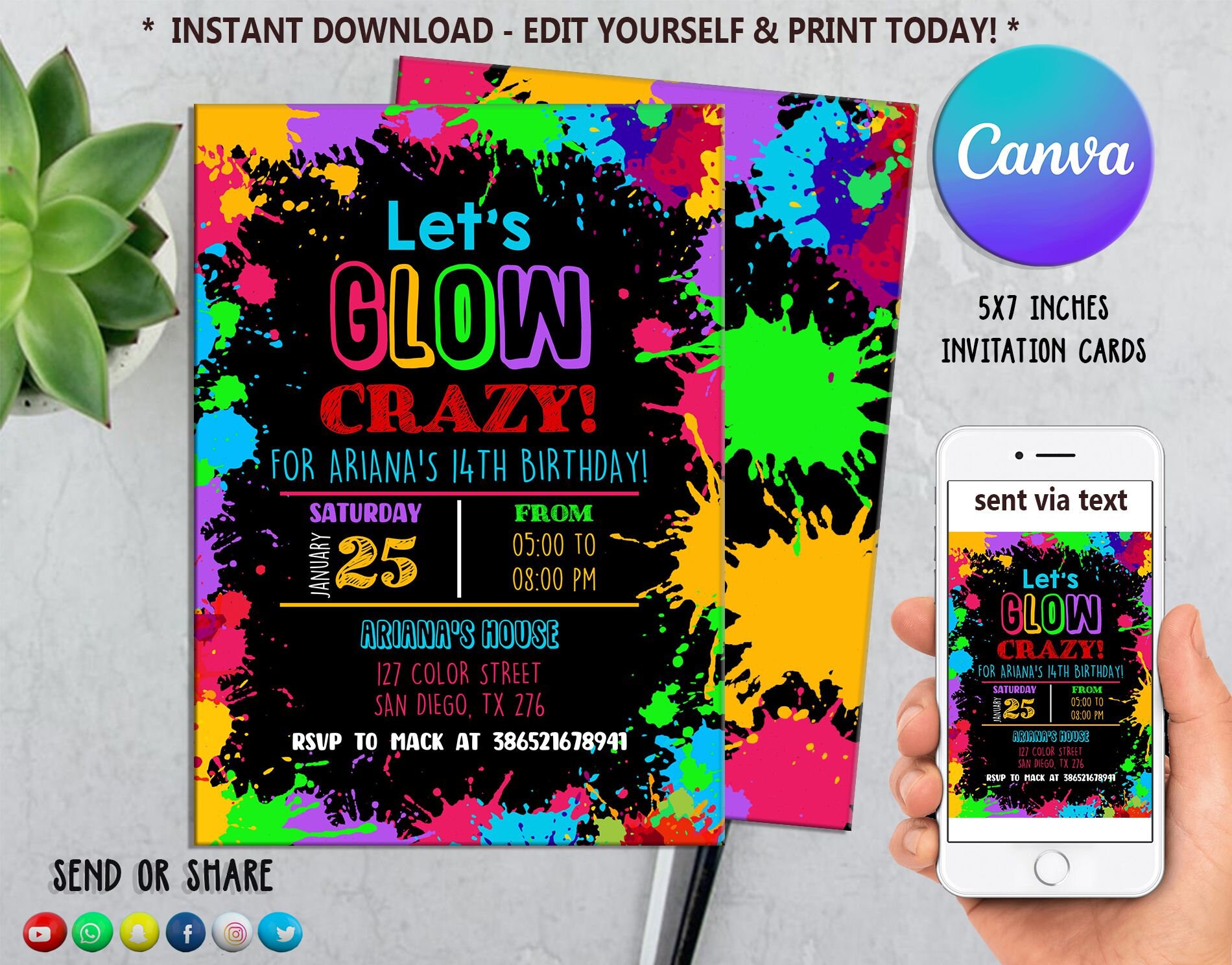 Glow Birthday Invitation Neon Glow Party Invite Let's - Etsy