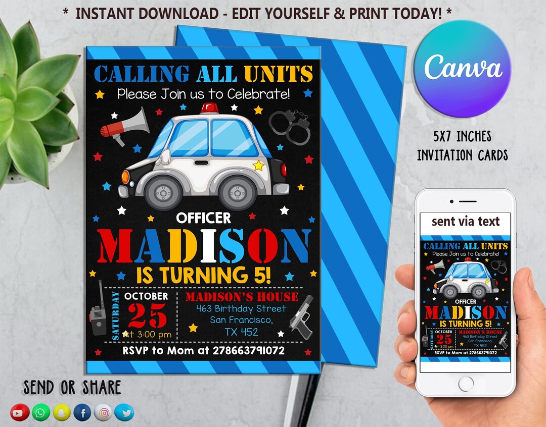 Police Birthday Invitation, Police Party Invite, Police Officer Party ...