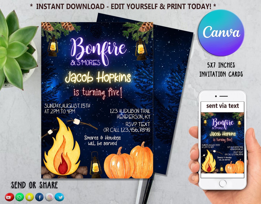 Editable Bonfire Party Invitation Template Bonfire Birthday - Etsy