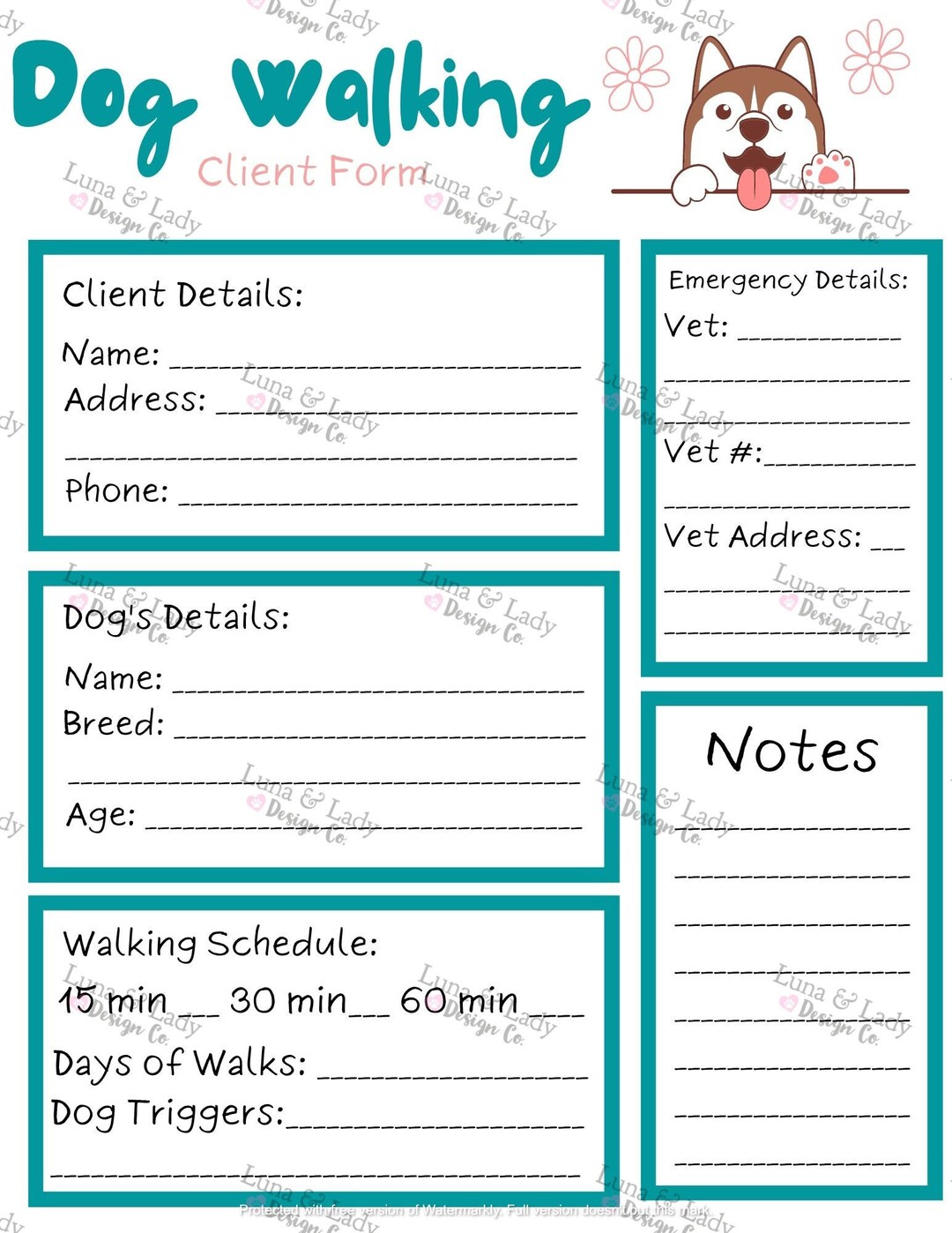 Dog Walking Client Form | Dog Walker Information Sheet | Client ...