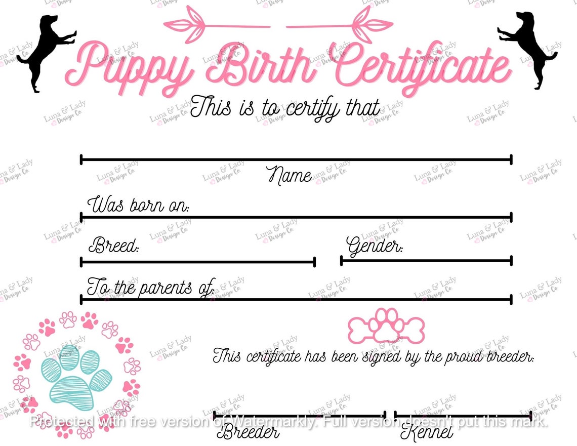 Puppy Birth Certificate Dog Breeder Birth Certificate for - Etsy