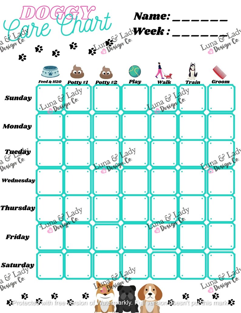 Dog Care Chart | Daily Pet Feeding, Water, Play, Training Chart | New ...