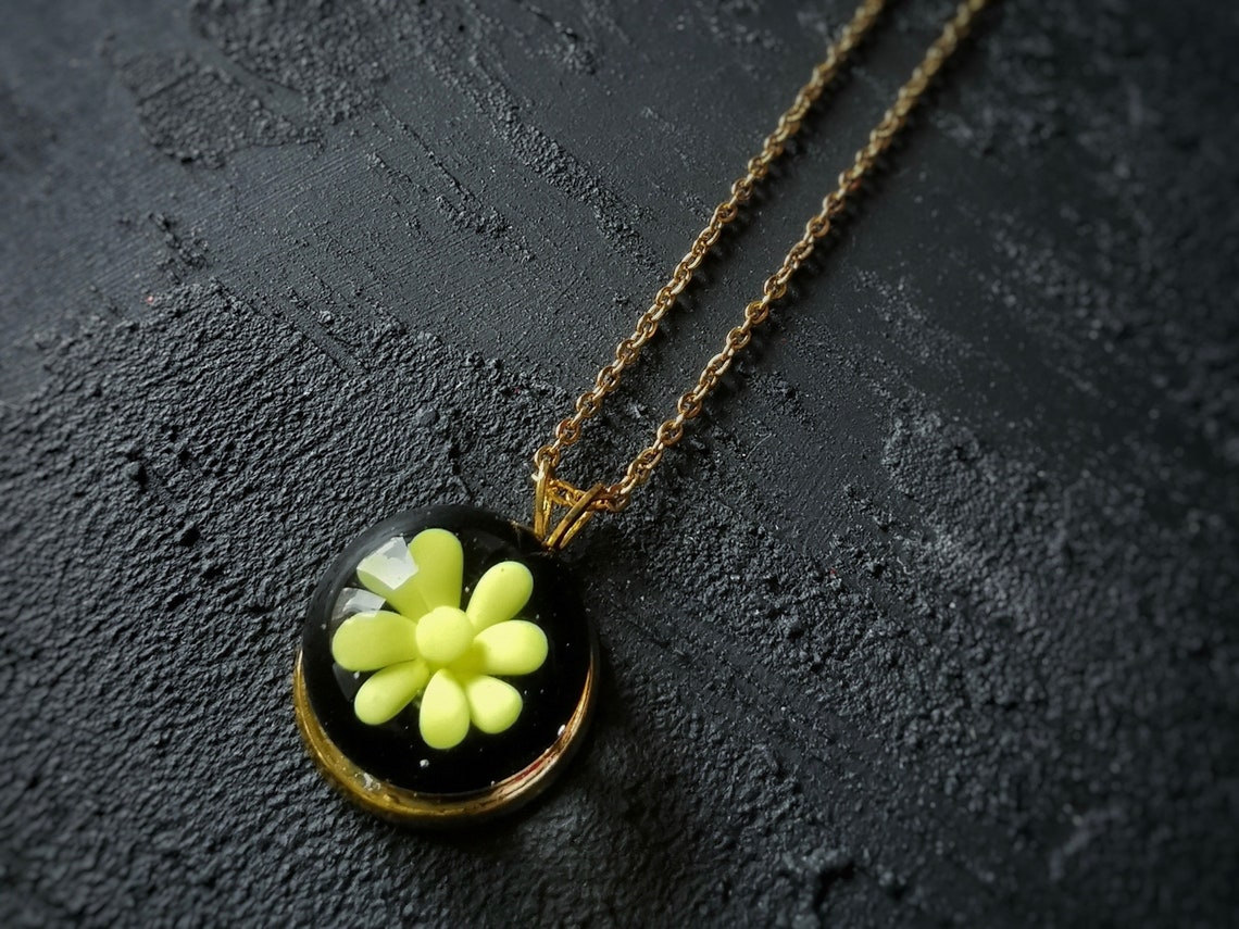 Glass Flower Jewelry, Yellow Flower Necklace, Floral Pendant Necklace ...