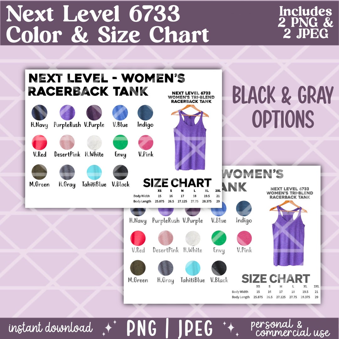 Next Level 6733 Tank Top Color Chart and Size Chart Instant Digital ...