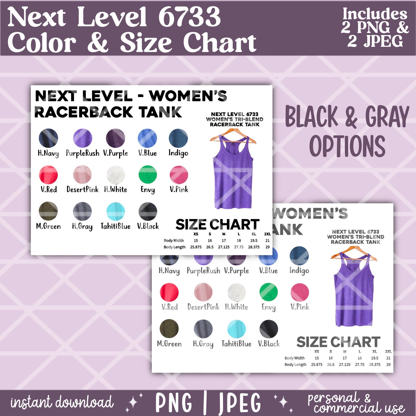 Next Level 6733 Tank Top Color Chart and Size Chart Instant Digital ...