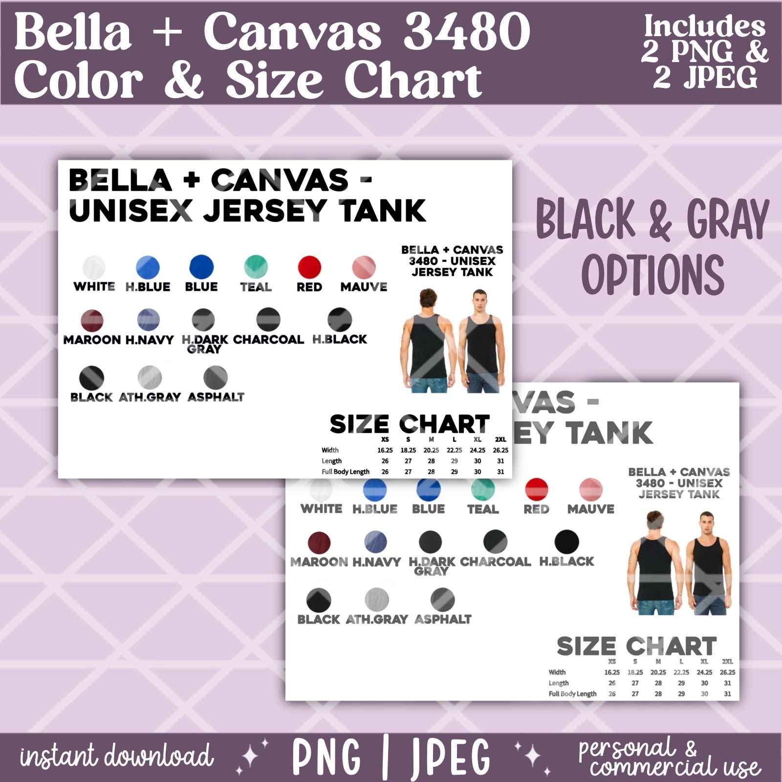 Bella + Canvas 3480 Tank Top Color Chart and Size Chart Instant Digital ...