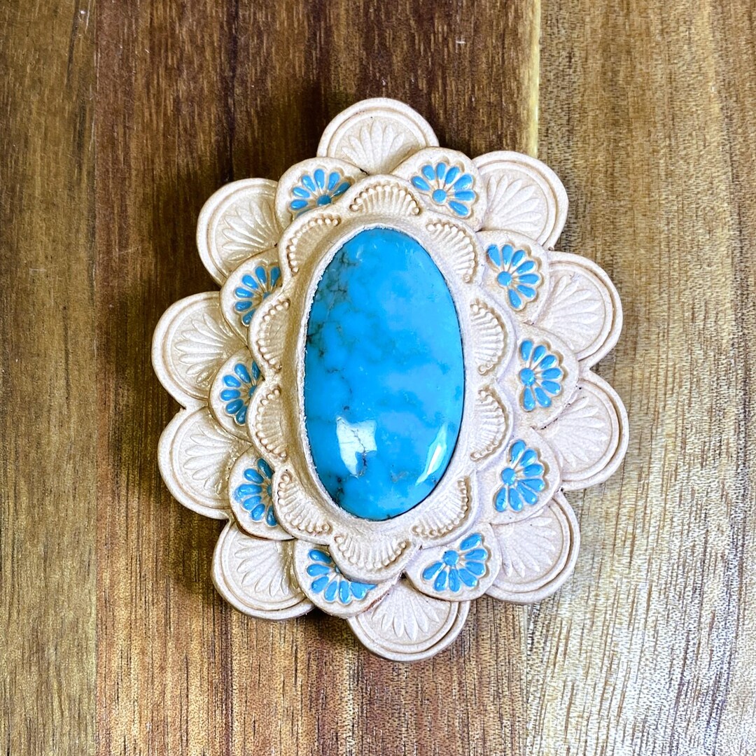 Unique Hand Tooled Natural Leather Concho With Arizona Turquoise Semi ...