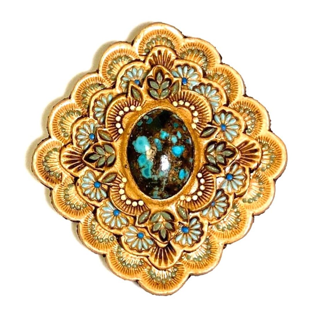 Unique Hand Tooled Antiqued Natural Leather Concho With Tibetan ...